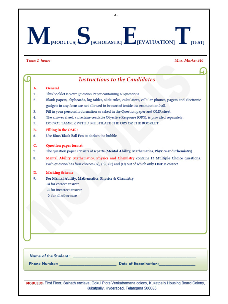 Mset Sample Question Paper | PDF