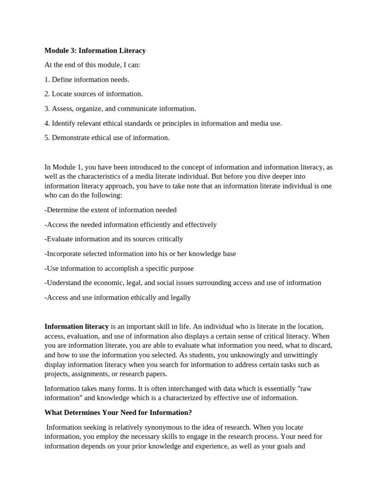 Module 3 Information Literacy | PDF | Information Literacy | Information