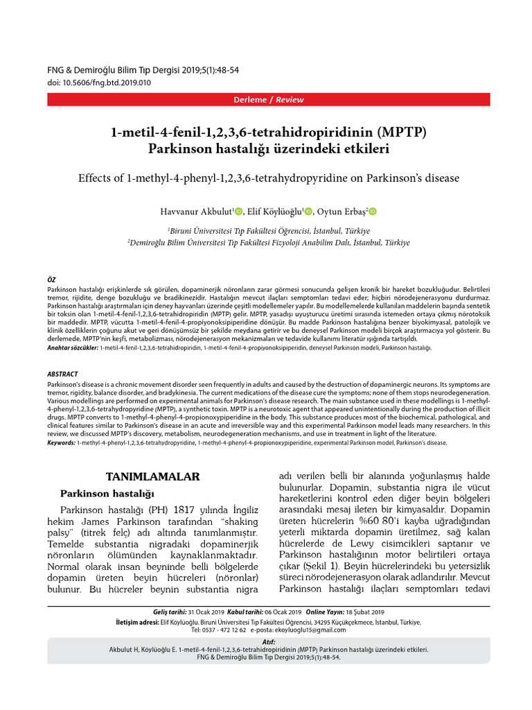 1-Metil-4-Fenil-1,2,3,6-Tetrahidropiridinin (MPTP) Parkinson Hastal - Zerindeki Etkileri ...