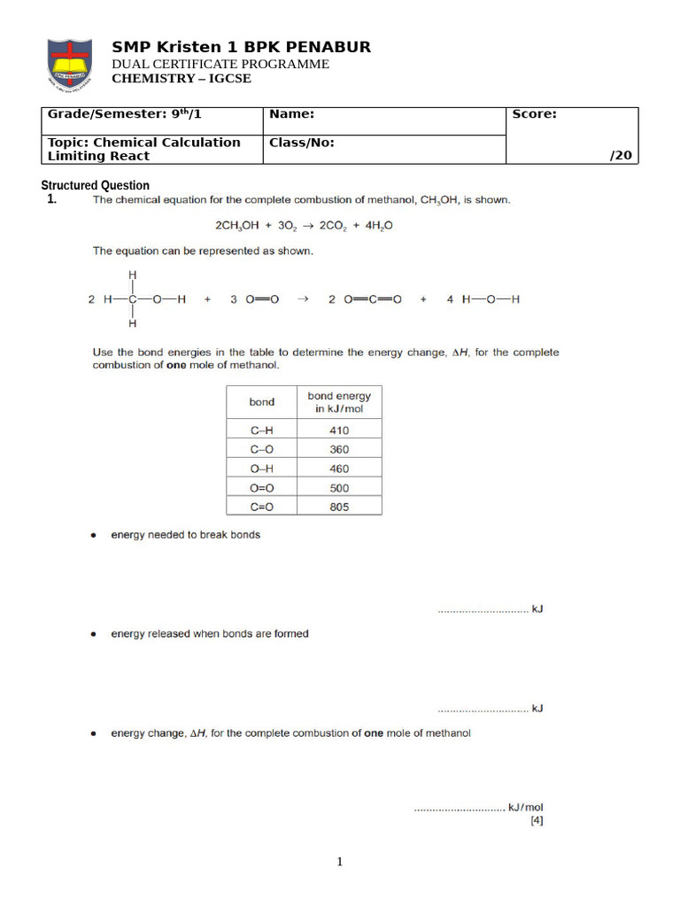Worksheet Bond Energy | PDF