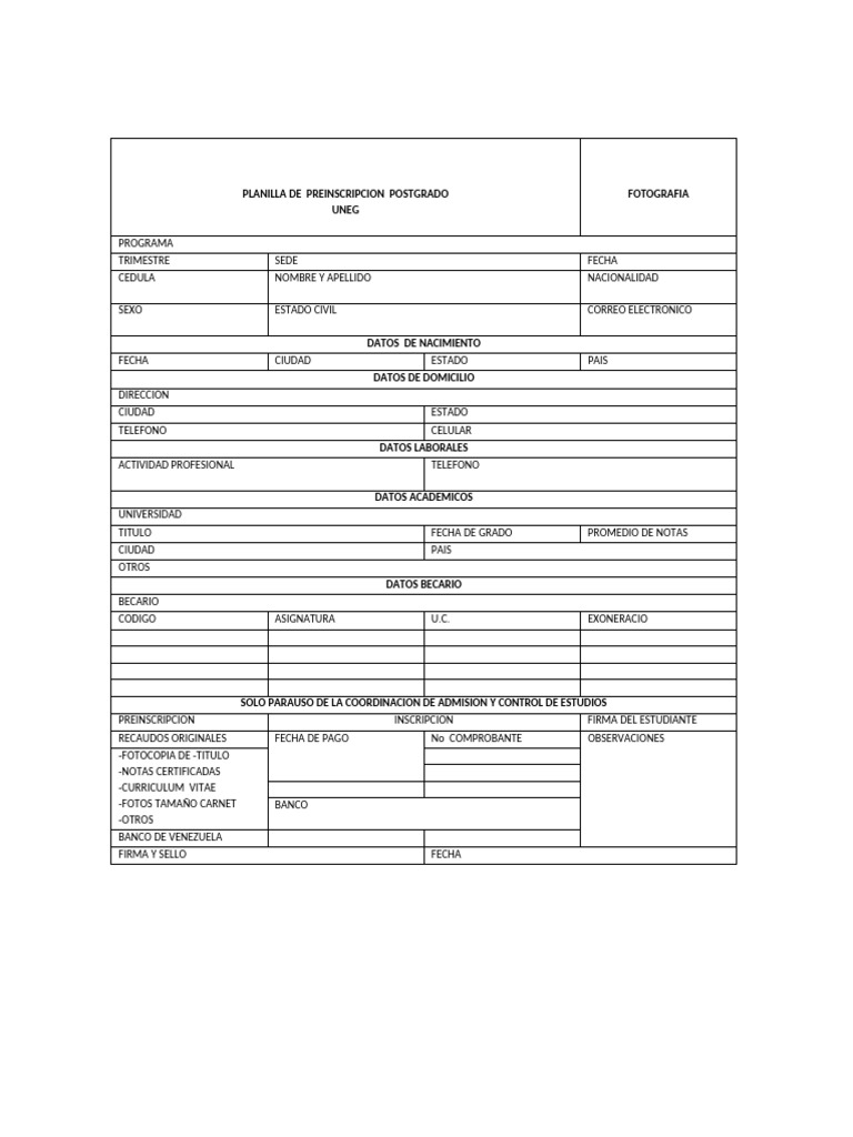 Planilla de Preinscripcion Postgrado | PDF
