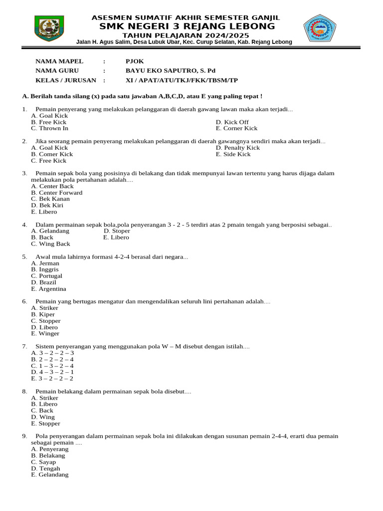 Revisi Format Soal Pjok Kelas Xi Asas Ganjil 2024 | PDF