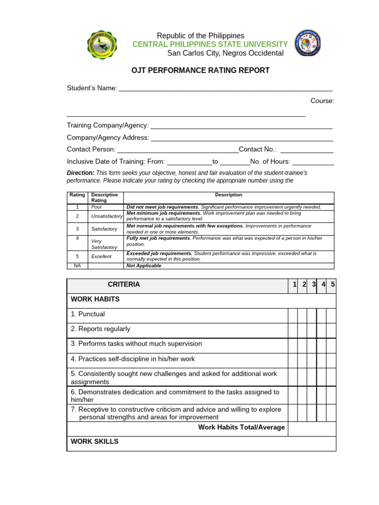 OJT Performance Rating Report Template | PDF | Behavioural Sciences ...