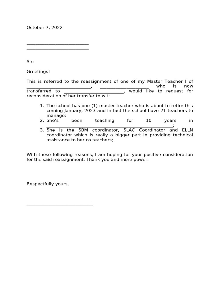 Request for Teacher Reassignment Reconsideration | PDF
