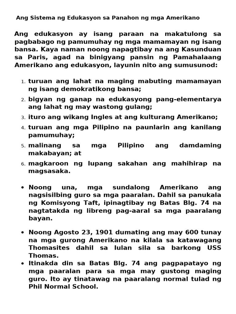 Ang Sistema NG Edukasyon Sa Panahon NG Mga Amerikano | PDF