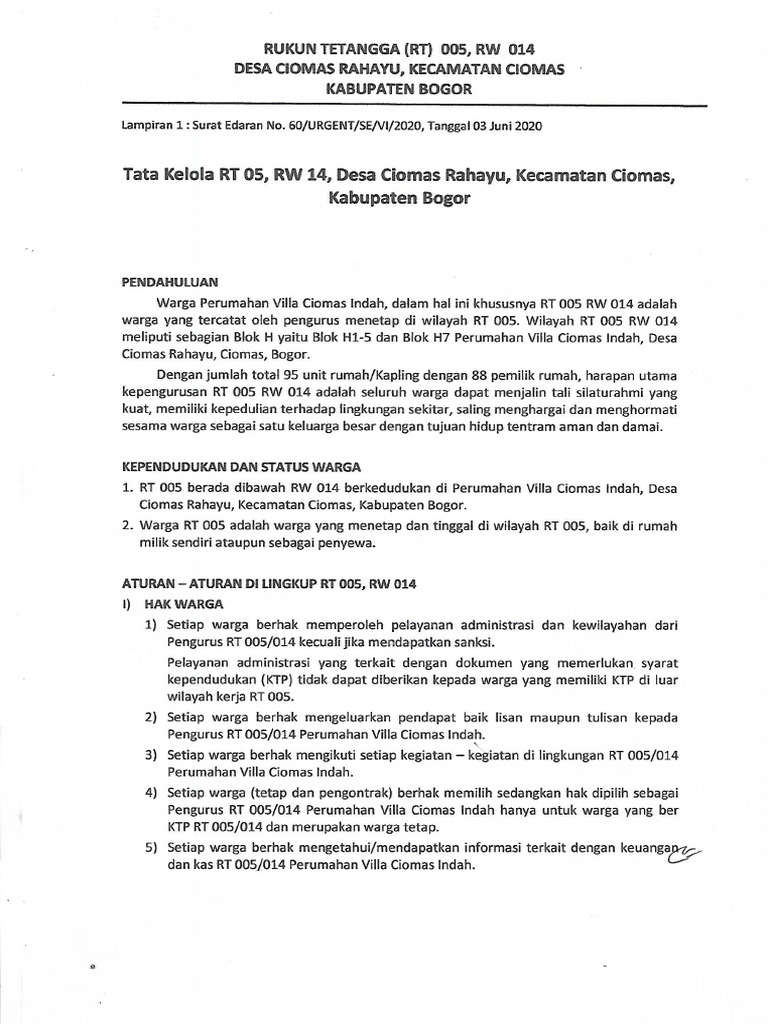 Tata Kelola RT 005 TTD Ketua RT 2020 | PDF