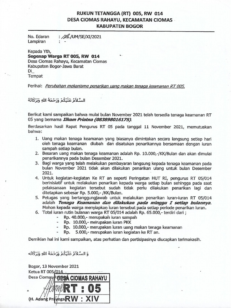 Surat Dasar Iuran Warga | PDF