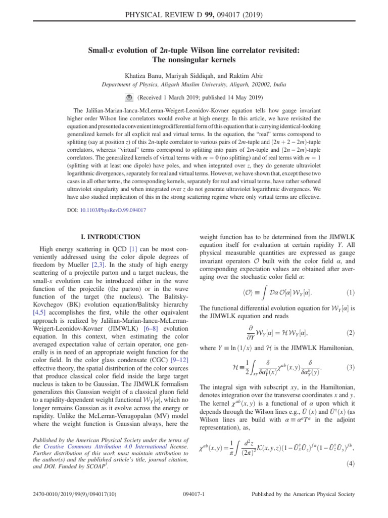 IMWLK Evolution and Small-X Asymptotics of 2n-Tuple Wilson Line Correlators | PDF | Hamiltonian ...
