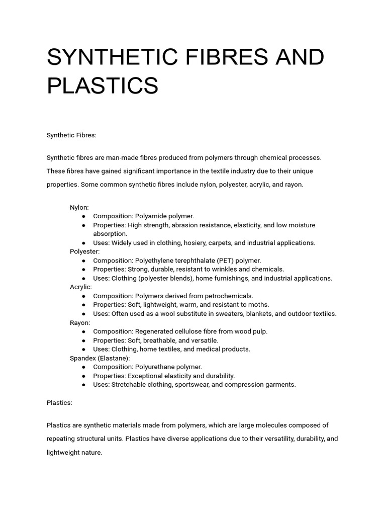 SYNTHETIC FIBRES AND PLASTICS | PDF | Thermoplastic | Plastic