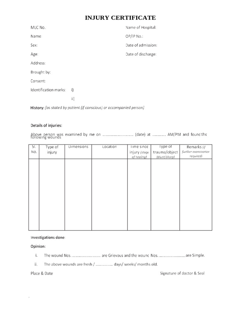 Profoma Injury Certificate | PDF