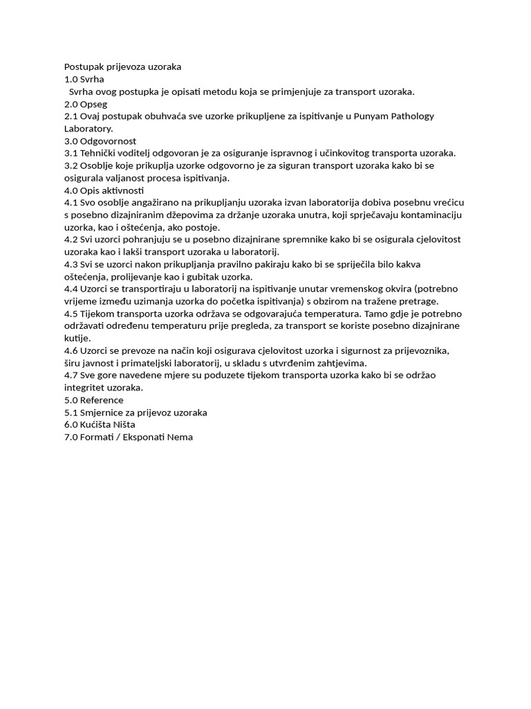 15 Postupak Prijevoza Uzoraka | PDF