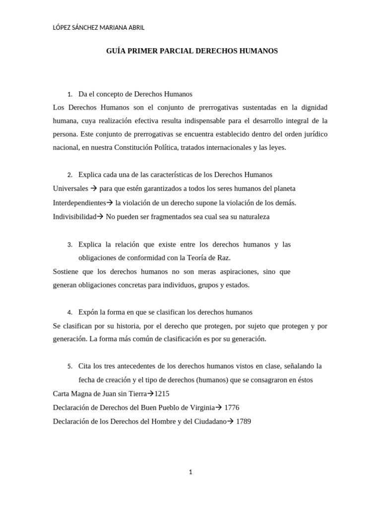 Guía Primer Parcial Derechos Humanos | PDF | Derechos humanos | Derechos
