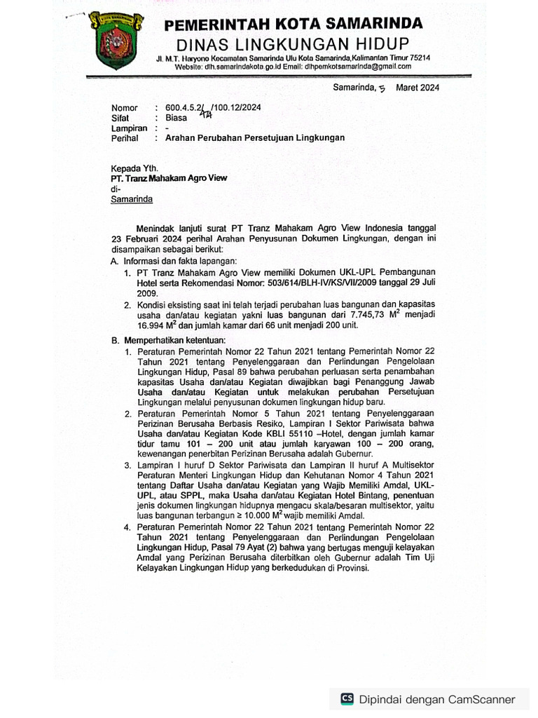 Surat Arahan Perubahan Persetujuan Lingkungan Tranz Mav Hotel | PDF