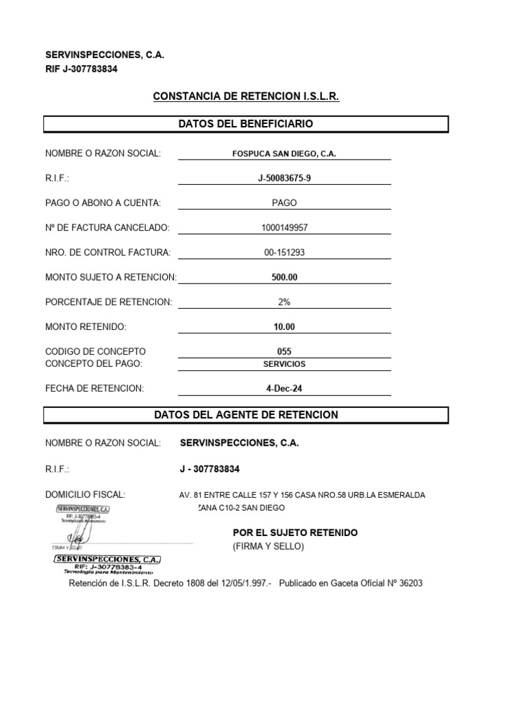 12 Formato Retencion Islr Diciembre 2024 | PDF