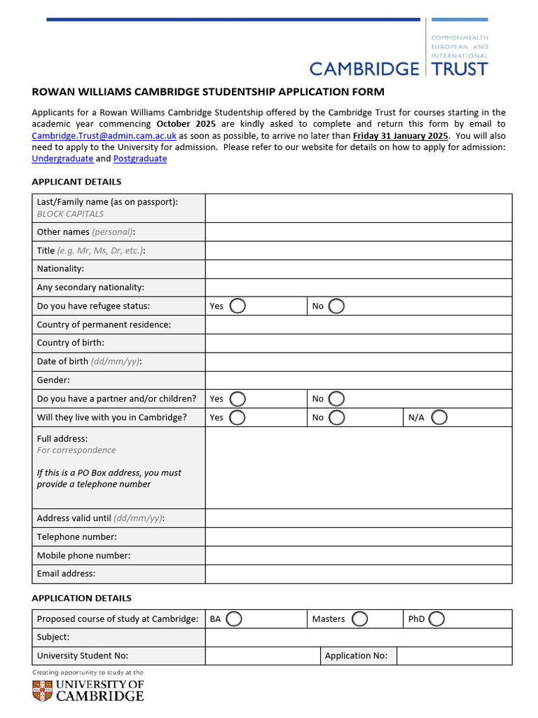 Rowan Williams Studentship Application Form 25 26 | PDF | University Of ...