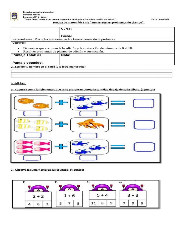 Prueba Suma y Resta Hasta El 10 Primeros Junio ED | PDF