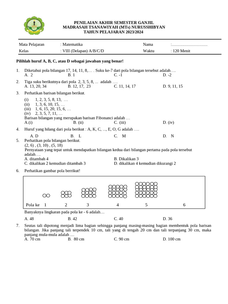 Soal Pas MTK Kls 8 k13 2023 | PDF