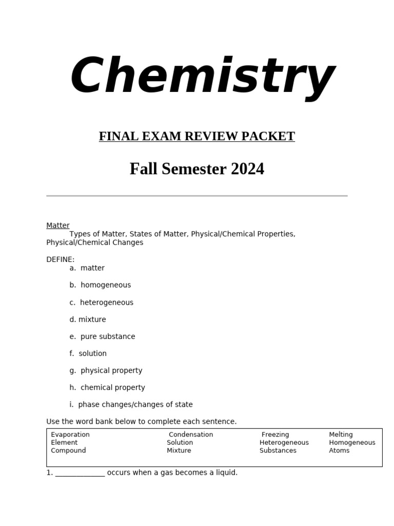 Chemistry Final Exam Review 2024 | PDF | Mixture | Ion