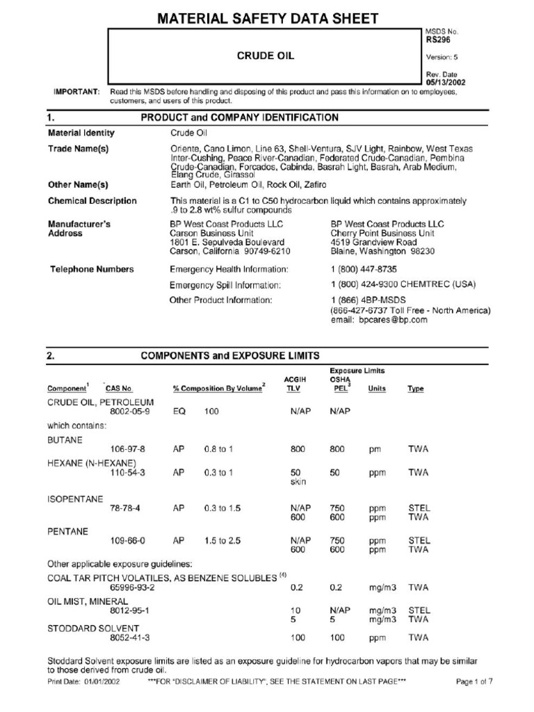 Msds Crude Oil | PDF
