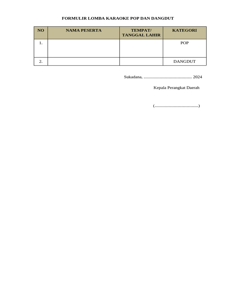 Formulir Karaoke Pop Dan Dangdut | PDF