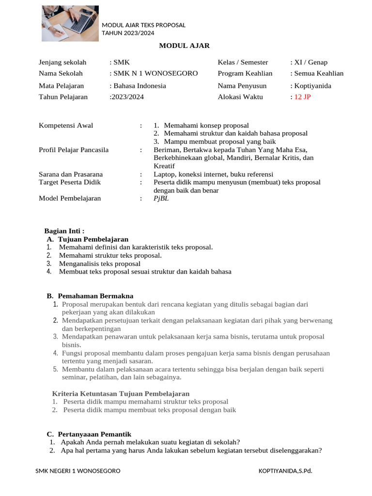 Modul Ajar Teks Proposal SMK 2023/2024 | PDF