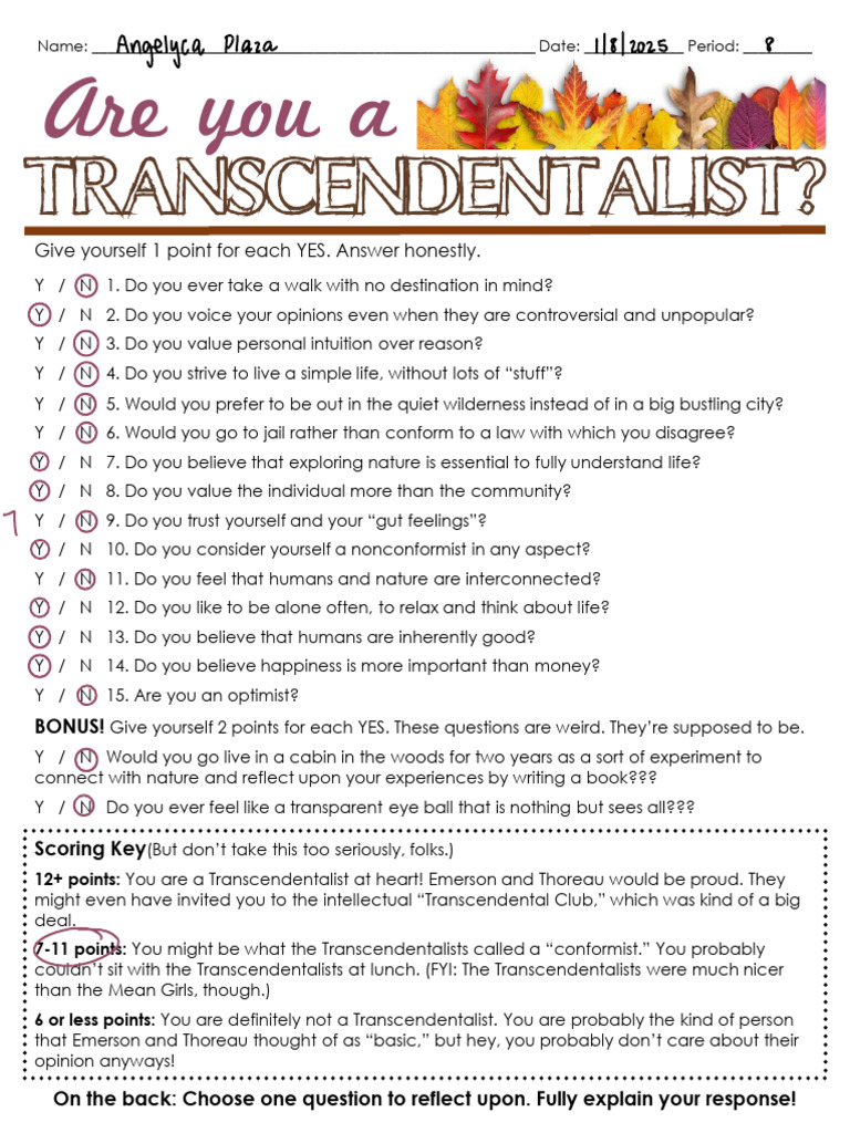Transcendentalism Self-Assessment Quiz | PDF | Transcendentalism
