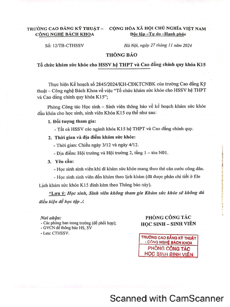 Thông Báo Khám Sức Khỏe Khóa K15 | PDF