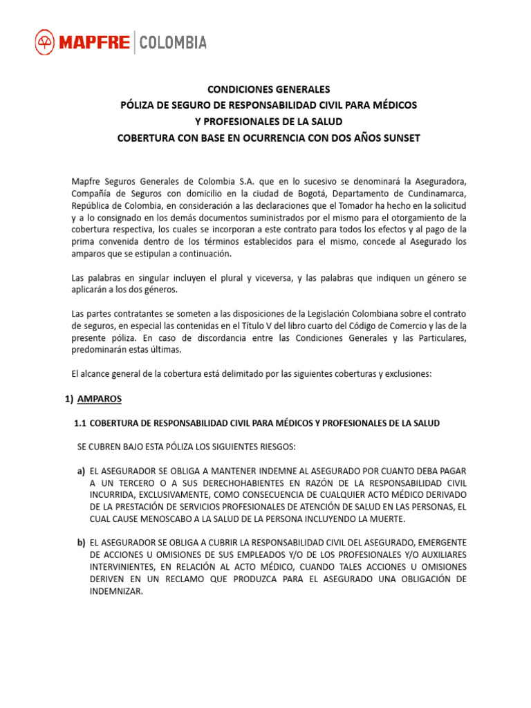 Condicionado Rc Profesional Medicos Mapfre Colombia | PDF | Póliza de ...