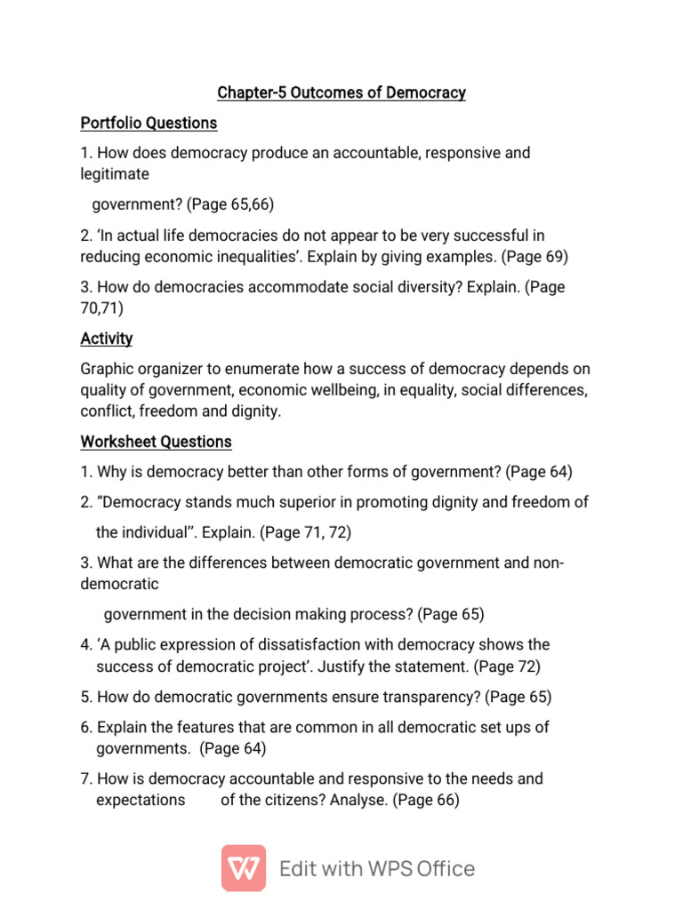 Outcomes of Democracy-Worksheet and Portfolio-2024-25 | PDF