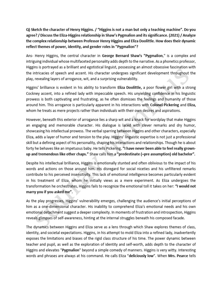 Henry Higgins: Complexity in Pygmalion | PDF | Pygmalion (Play)
