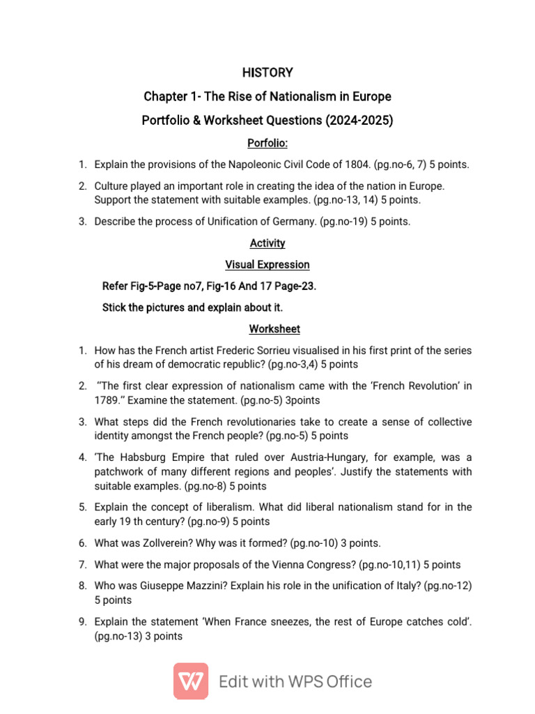 The Rise of Nationalism in Europe-Portfolio and Worksheet Questions ...