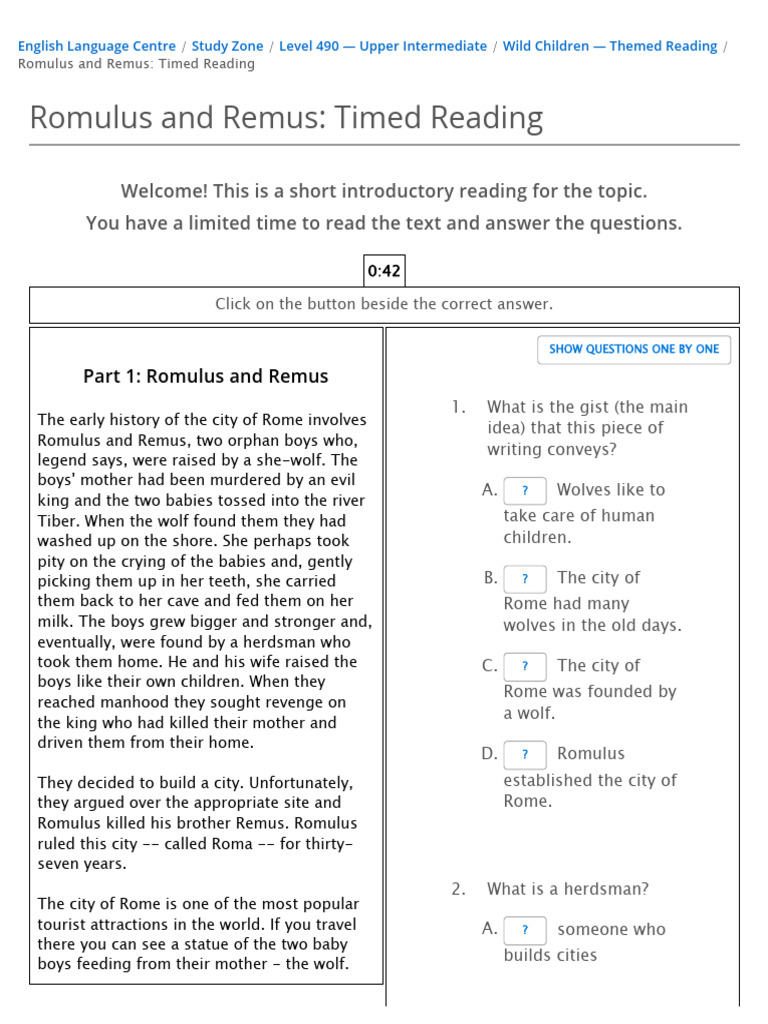 Romulus and Remus Reading Quiz | PDF | Romulus And Remus