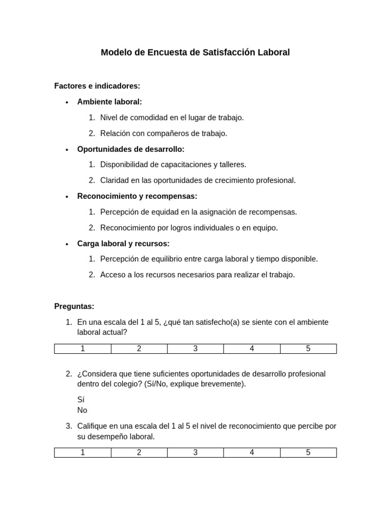 Modelo de Encuesta de Satisfacción Laboral | PDF