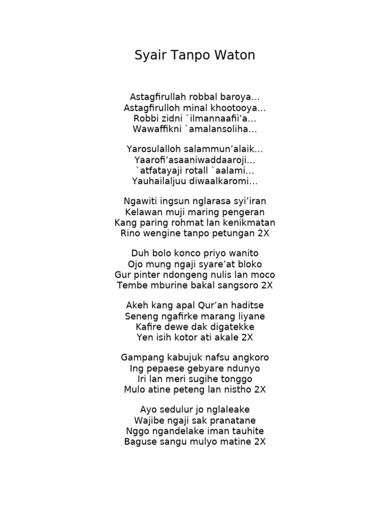 Lirik Syair Tanpo Waton Gusdur | PDF