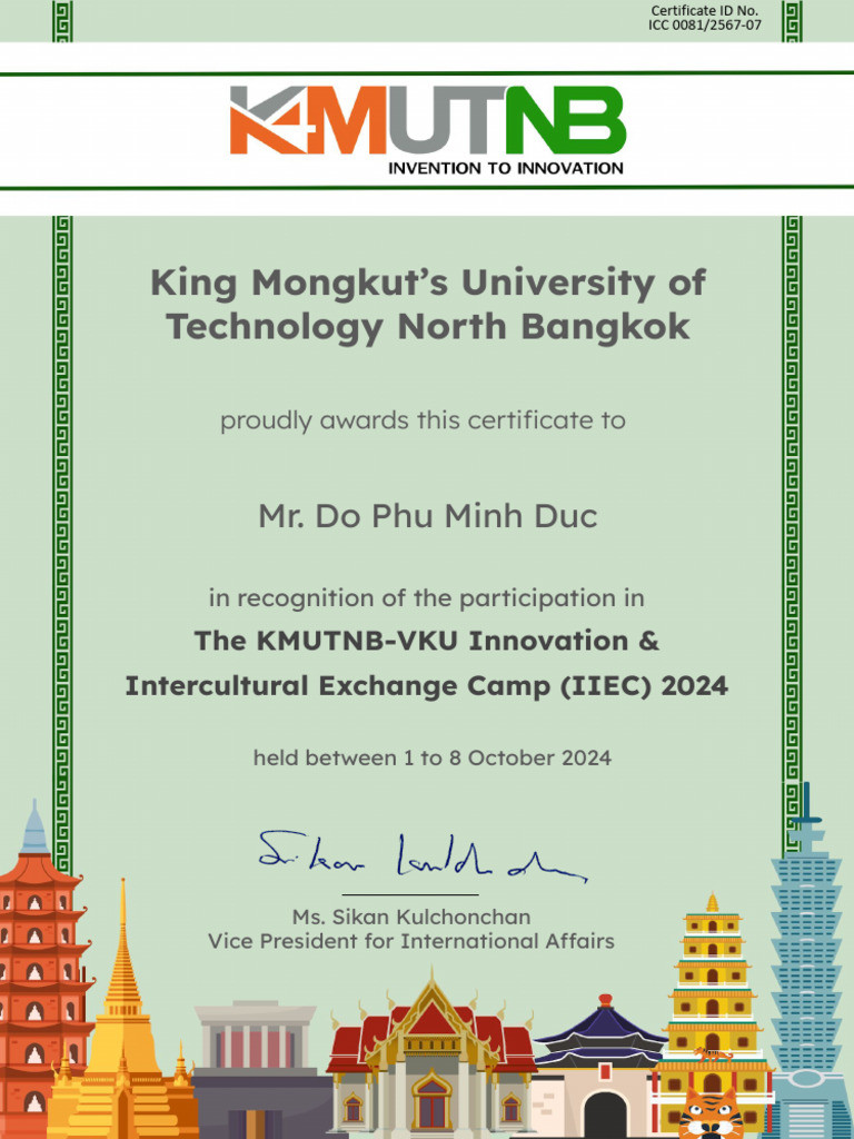 Cert. Kmutnb - Vku Iiec Camp 2024 Mr. Do Phu Minh Duc | PDF