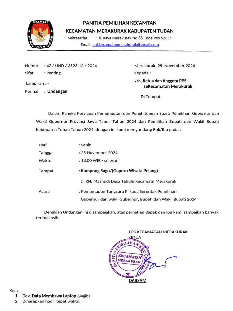 Undangan Pemantapan Pilkada 2024 Merakurak | PDF