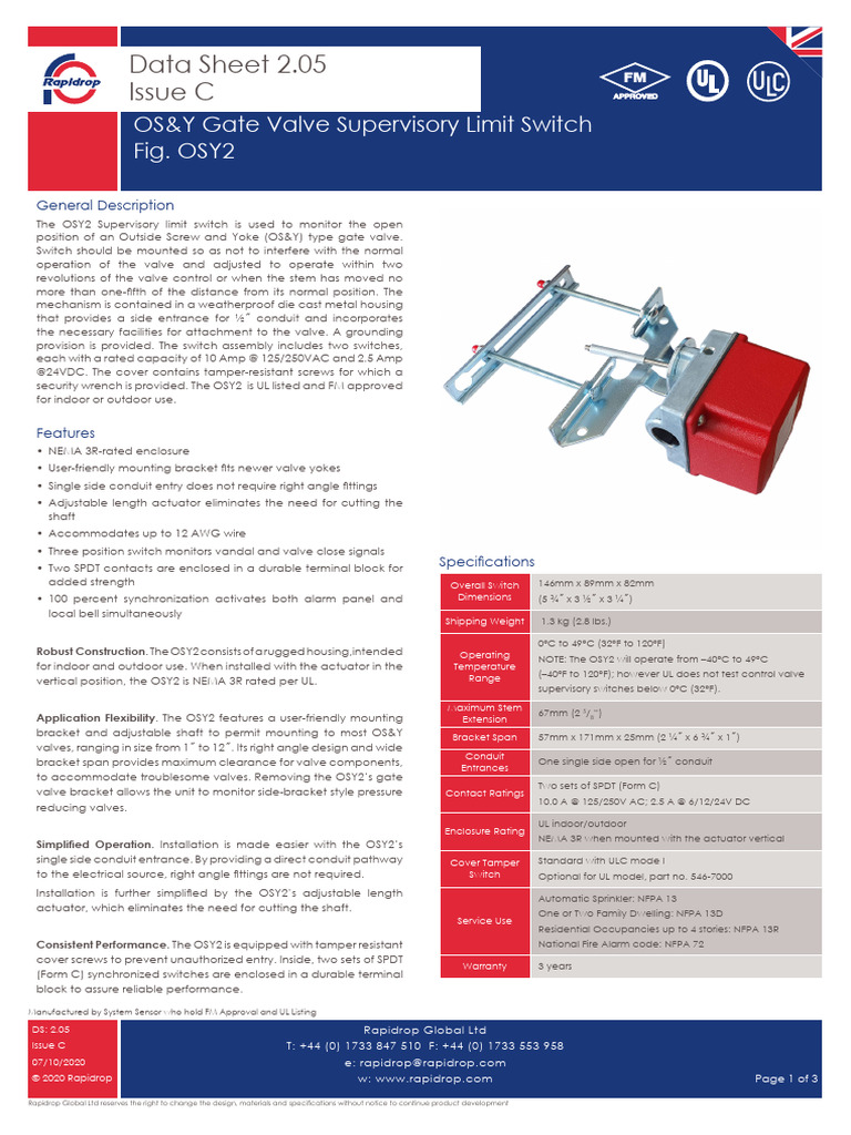205 C Ds Osy Gate Valve Limit Switch Ul Ulc FM Mea Cal | PDF | Valve ...