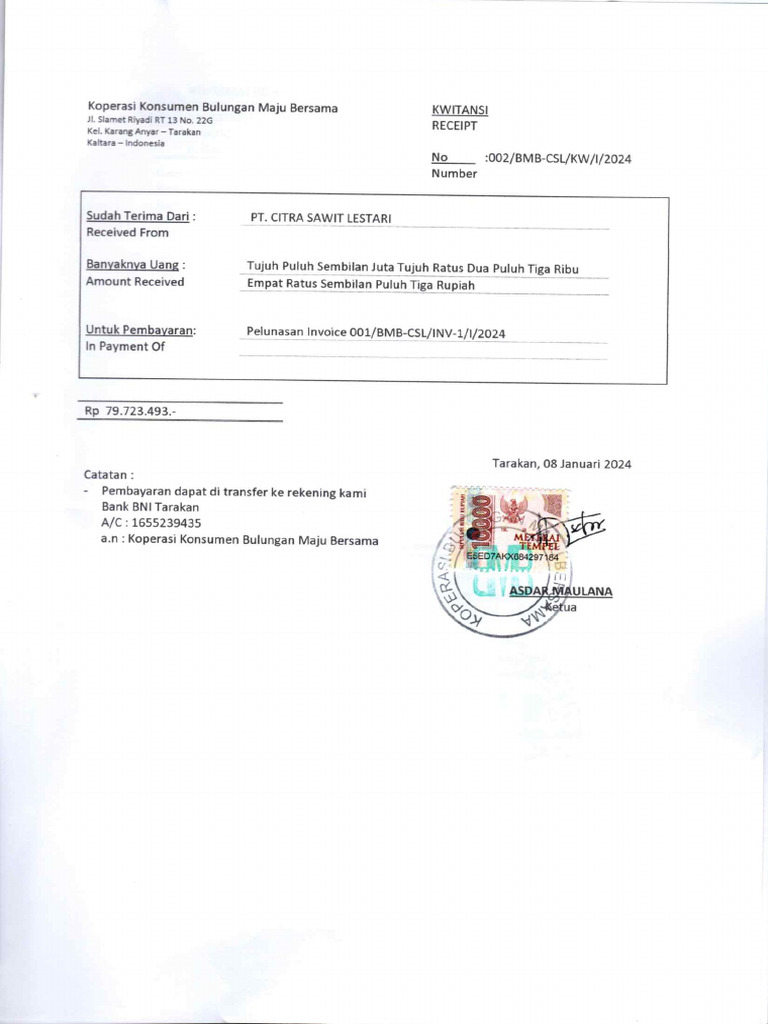 Kwitansi CSL Des 2023 | PDF