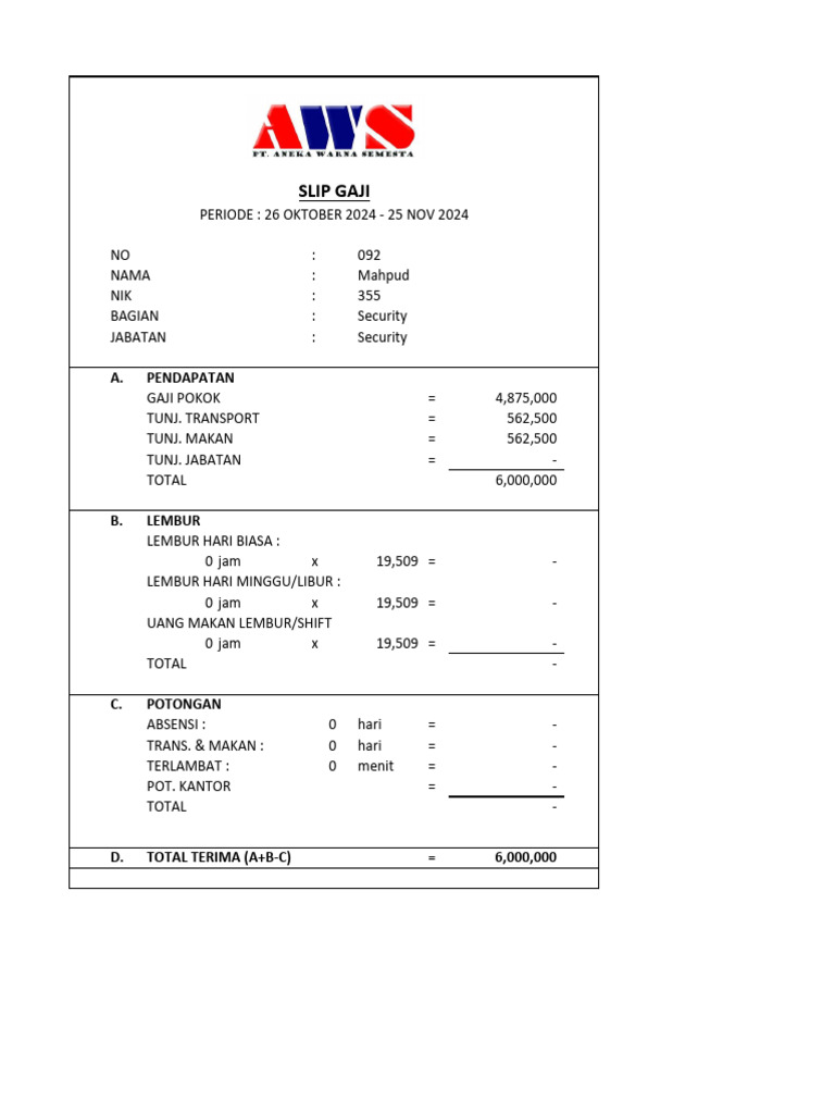 Slip Gaji PT. Aneka Warna Semesta | PDF