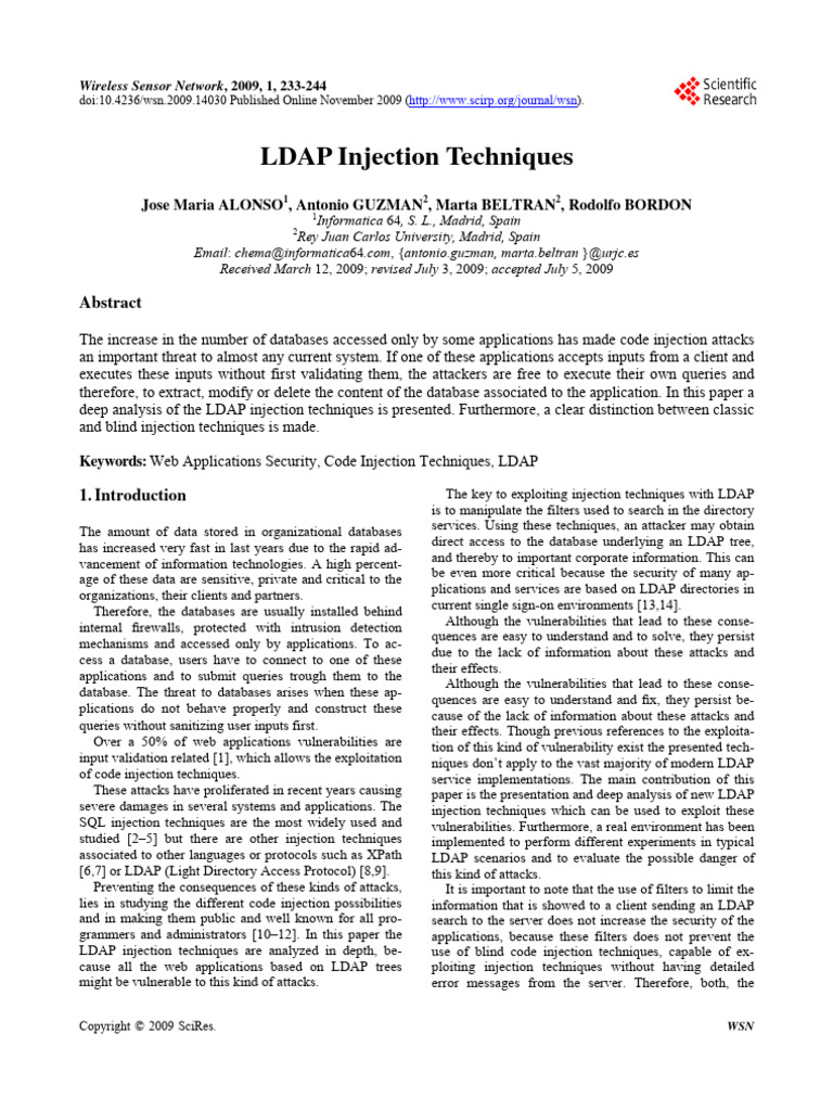 Ldap Injection Techniques Pdf Databases Information Technology Management