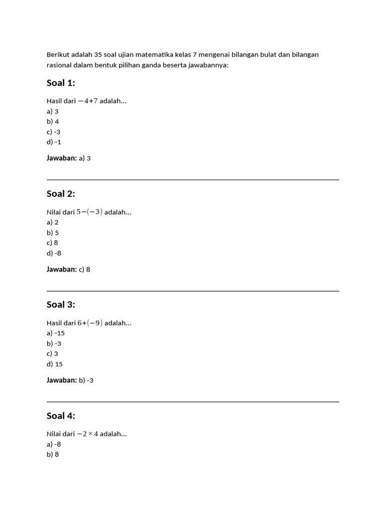 Soal MTK Kelas 7 Bilangan Bulat Dan Bilangan Rasional | PDF