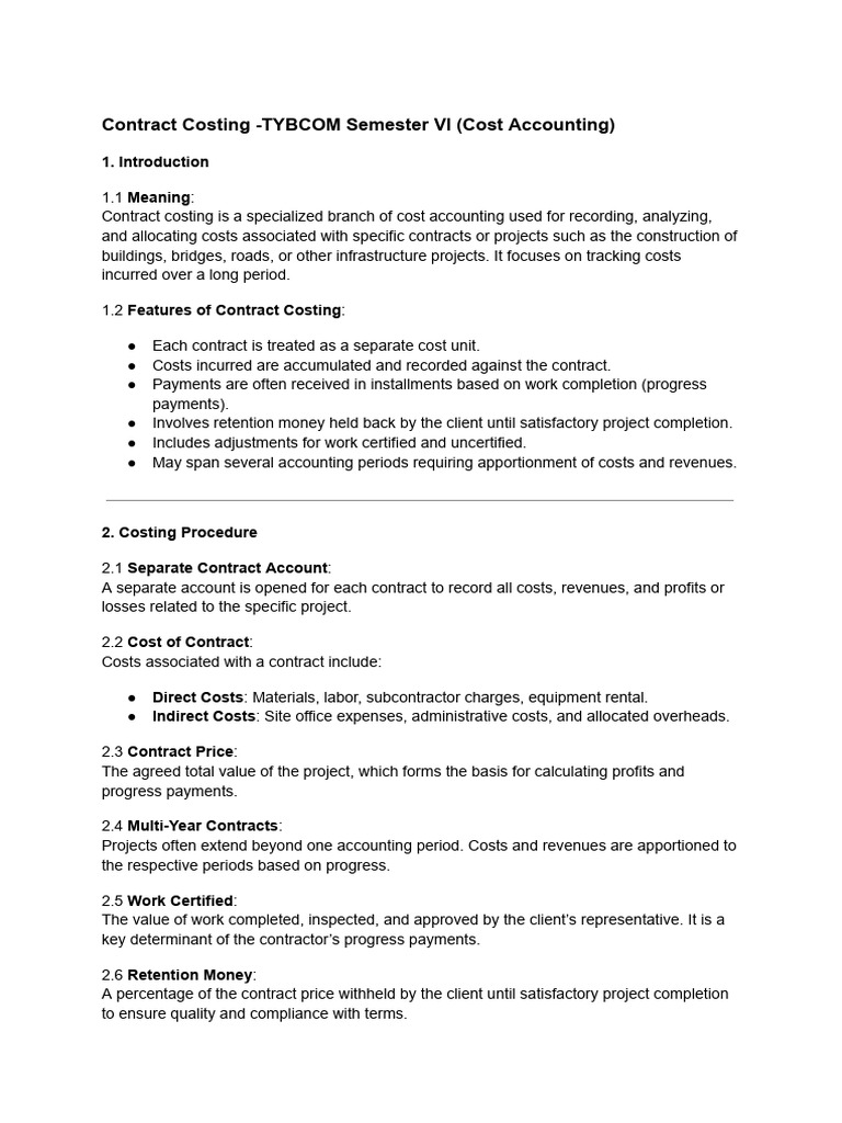 Contract Costing - TYBCOM Semester VI (Cost Accounting) | PDF | Cost | Taxes