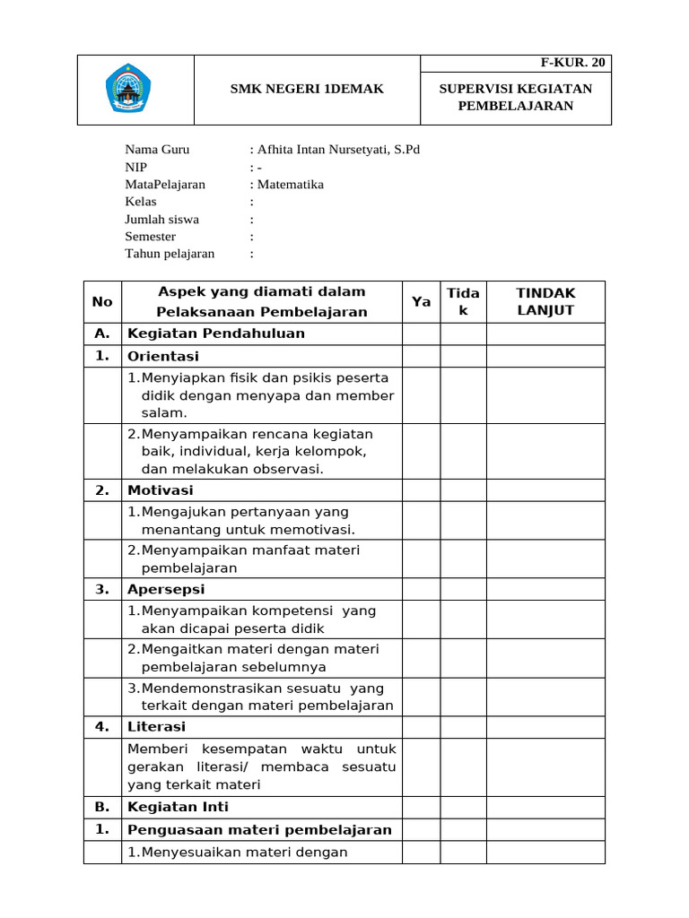 20. FORMAT SUPERVISI KBM | PDF