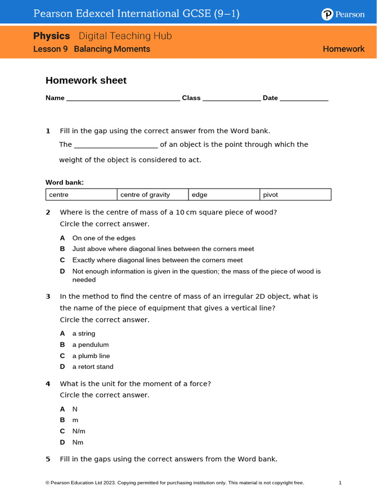 IG Physics Lesson9 Moments Homework | PDF | Lever | Physics