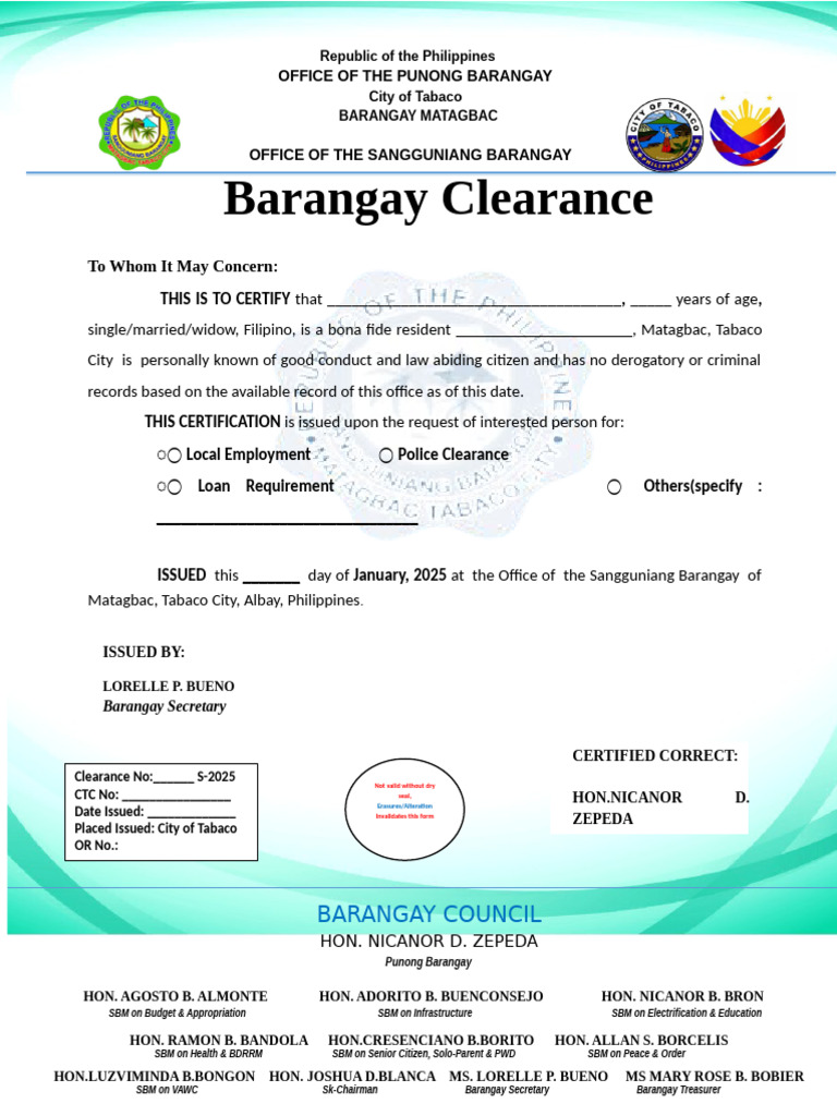 Barangay Clearance Short FORM | PDF