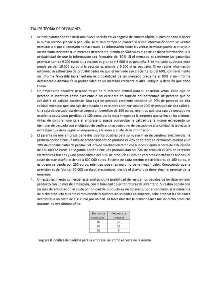 Taller Teoria Decisiones 101224 | PDF | Mercado (economía) | Business