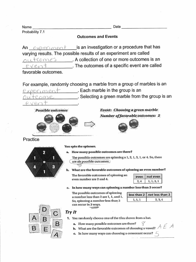 Interactive Notes 7.1 Outcomes and Events | PDF