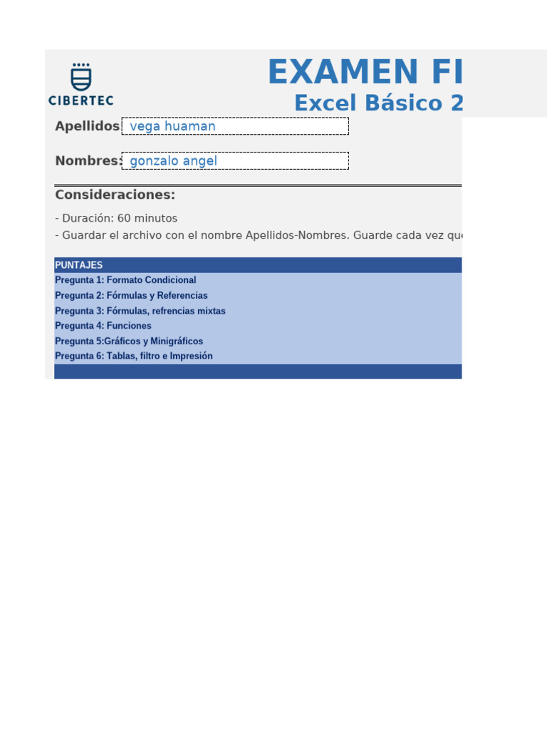 Simulacro Examen Final Excel Básico | PDF