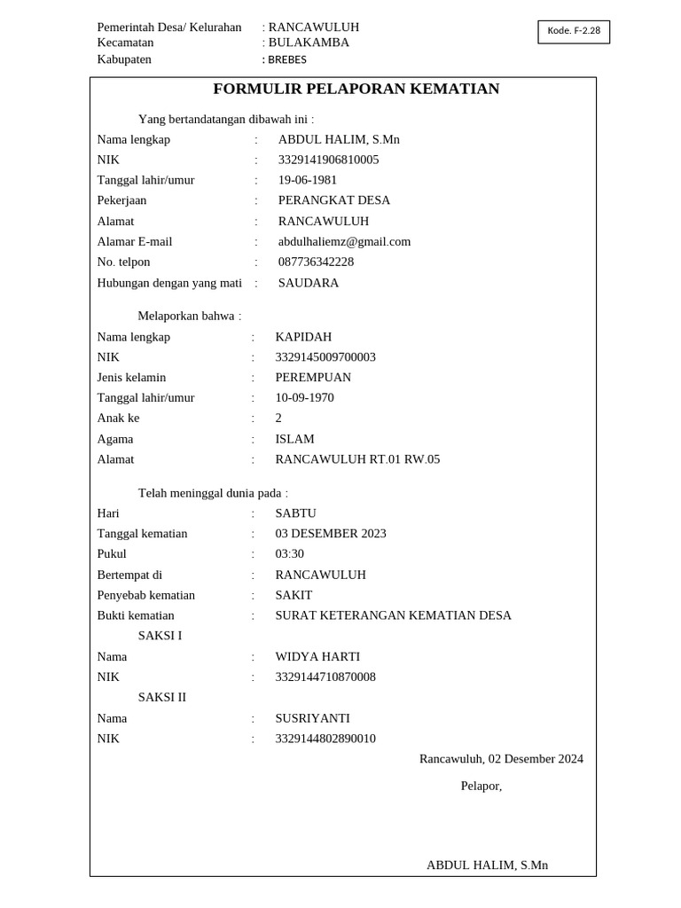 Formulir Pelaporan Kematian Rancawuluh | PDF