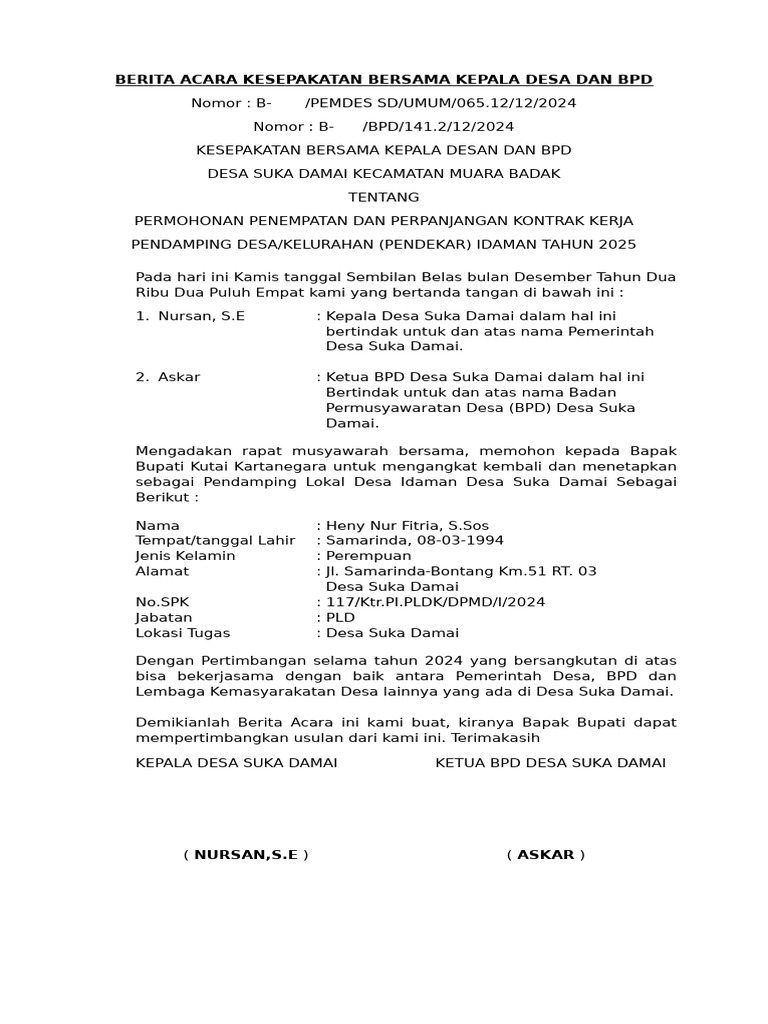 BERITA ACARA KESEPAKATAN BERSAMA KEPALA DESA DAN BPD | PDF